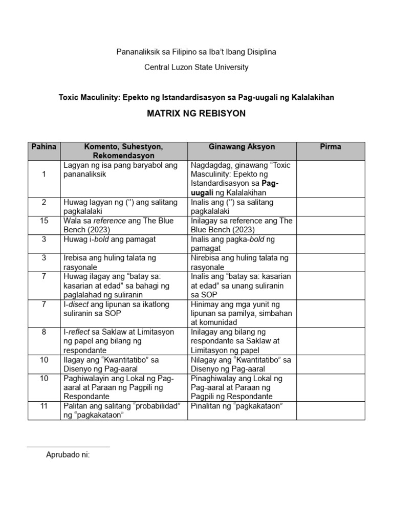 Matrix NG Rebisyon 1 | PDF