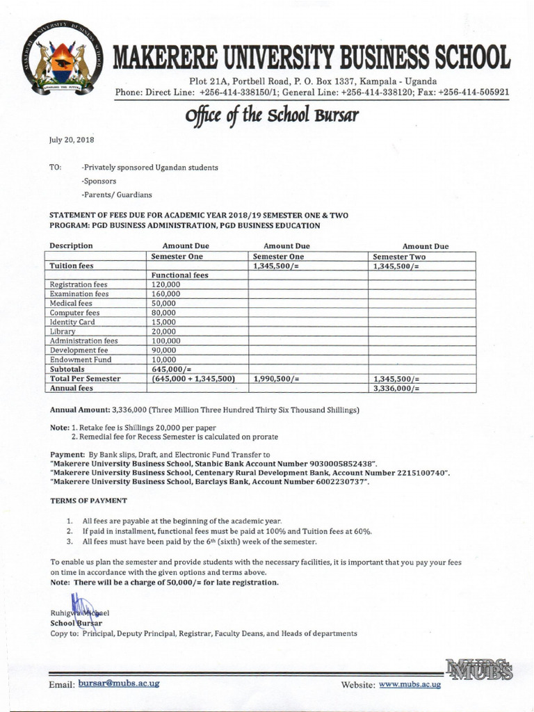 2018 19 Fees Structure Masters MUBS | PDF