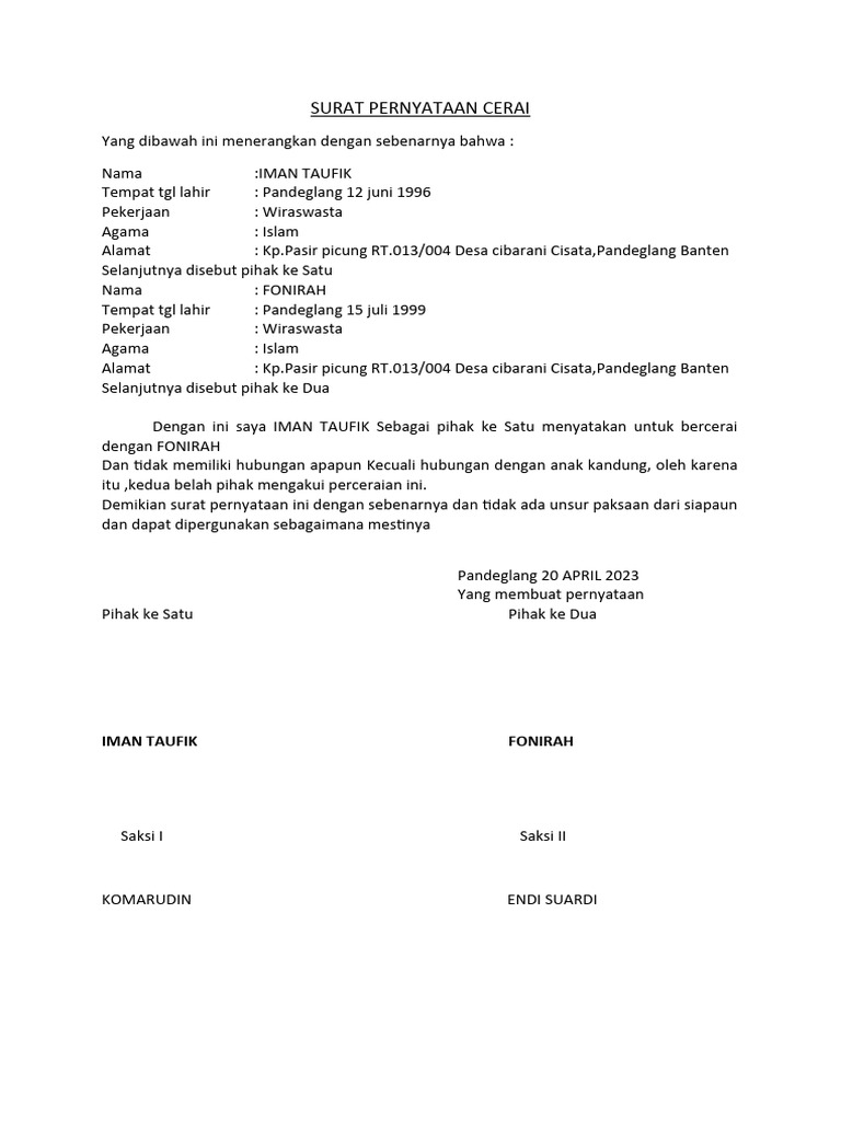 Surat Pernyataan Cerai | PDF | Hukum