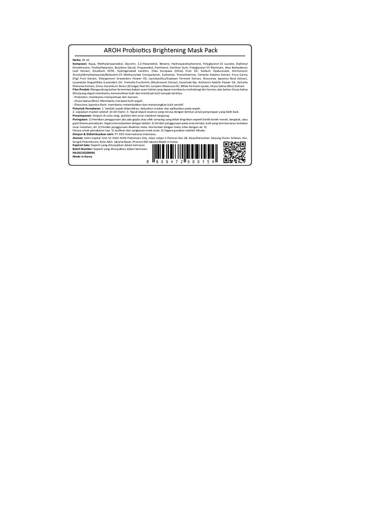 AROH Probiotics Brightening Mask Pack | PDF