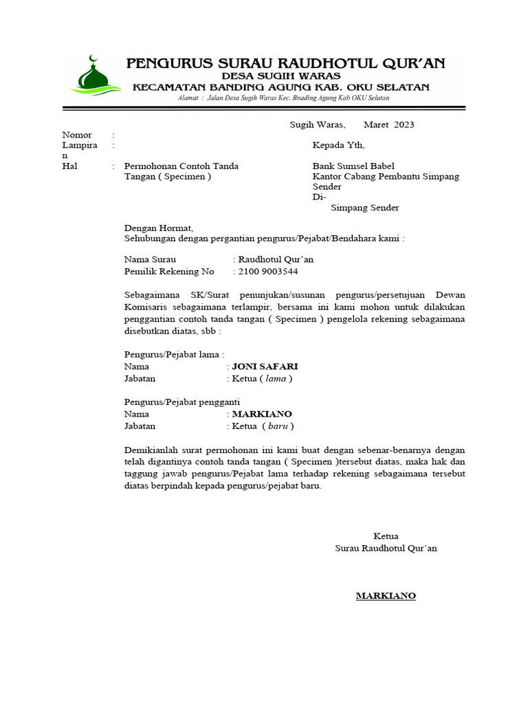 Permohonan Perubahan Contoh Tanda Tangan Specimen | PDF