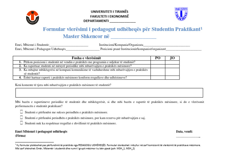 Formulari Vleresimi Studentit Praktikant Pedagogu Udheheqes MSH | PDF
