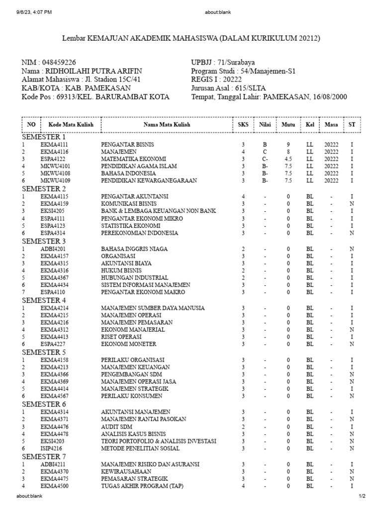 Daftar Nilai UT Semester 1 | PDF | Teknologi & Rekayasa