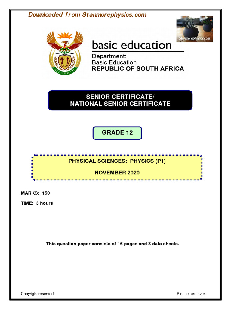 Physical Science Grade 12 Nov 2020 P1 and Memo | PDF | Collision | Mass