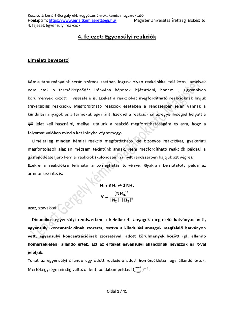 Fejezet Egyensúlyi Reakciók - Lénárt Gergely | PDF