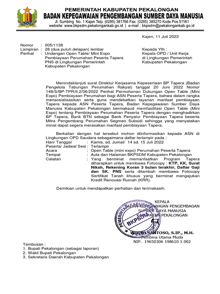 Surat Undangan Open Table Mini Expo Tapera | PDF