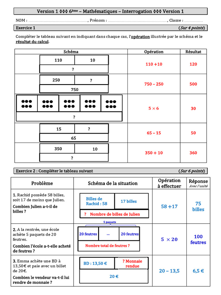 6eme 3 4 Interro Ope Schemas V1 CORRECTION | PDF