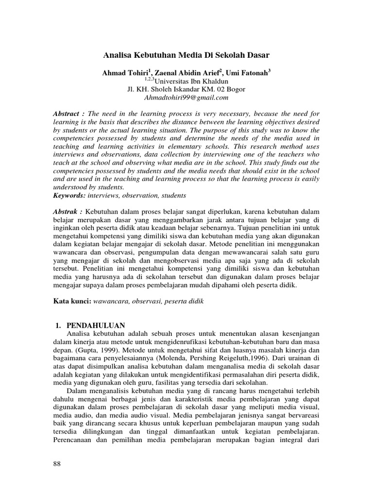 Analisa Kebutuhan Media Di Sekolah Dasar: Ahmad Tohiri, Zaenal Abidin Arief, Umi Fatonah | PDF