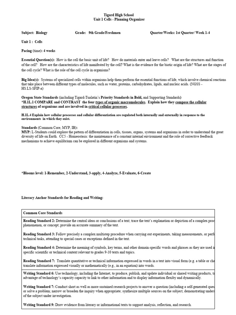 THSBiology Unit 1 Cells Planning Organizer 1 | Download Free PDF | Cell ...