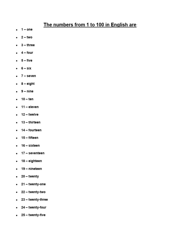 The Numbers From 1 To 100 in English | PDF