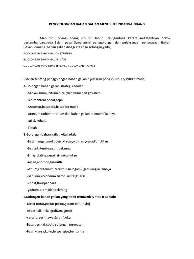 Penggolongan Bahan Galian Menurut Undang | PDF