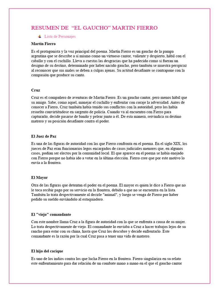 RESUMEN DE Gaucho Martin Fierro | PDF