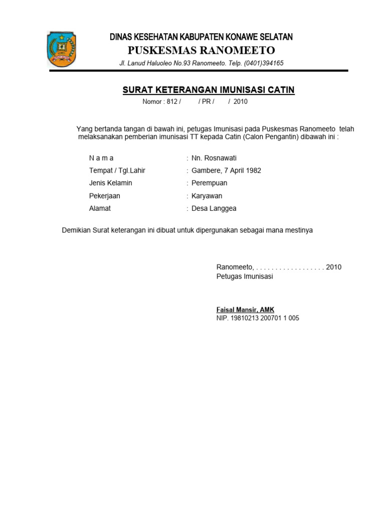 Surat Imunisasi Catin | PDF