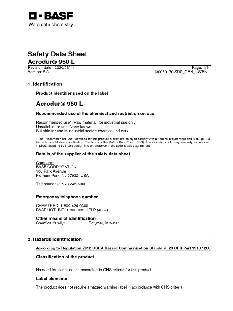 Acrodur® 950 L Sds en Us | PDF | Toxicity | Environmental Science