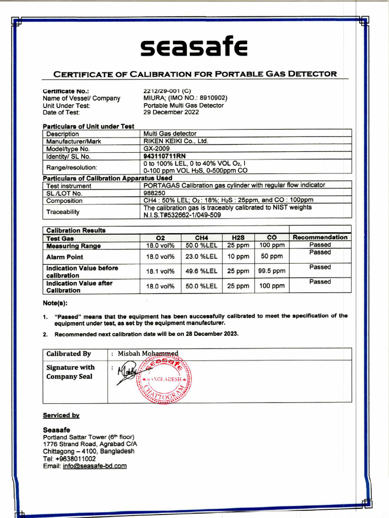 z21 Portable Gas Detector Calibration Certificate | PDF