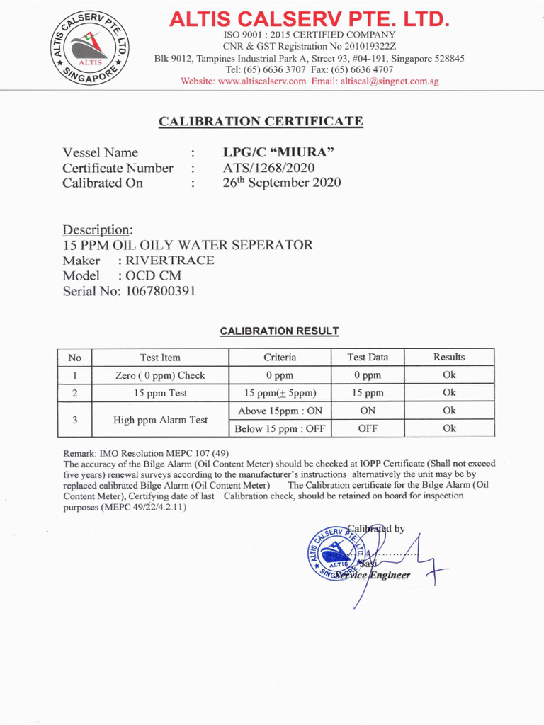 54 Ows Calibration Certiificate | PDF