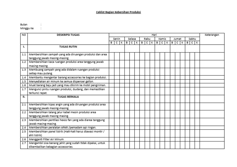 Ceklist Bagian Kebersihan Produksi | PDF