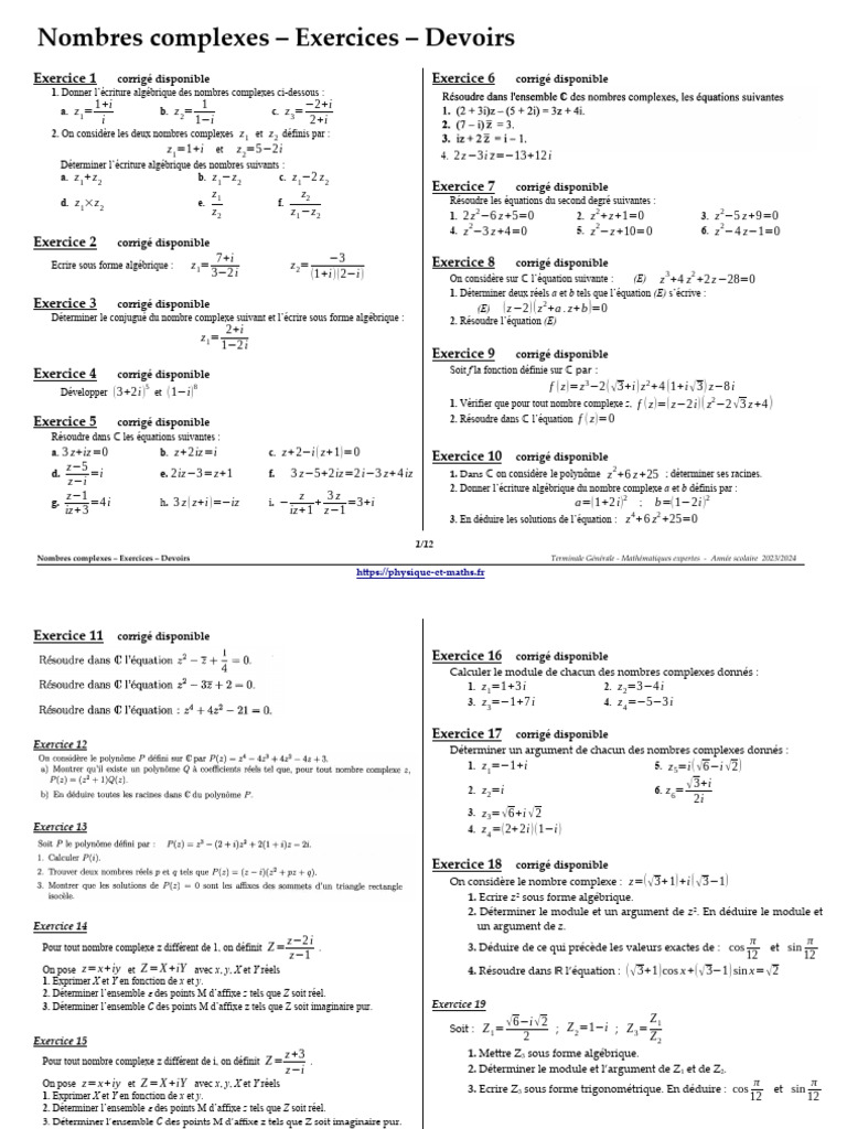 Nombres Complexes Exercices | PDF