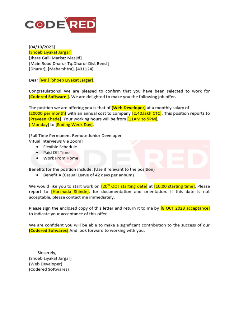 Offer Letter Format | PDF