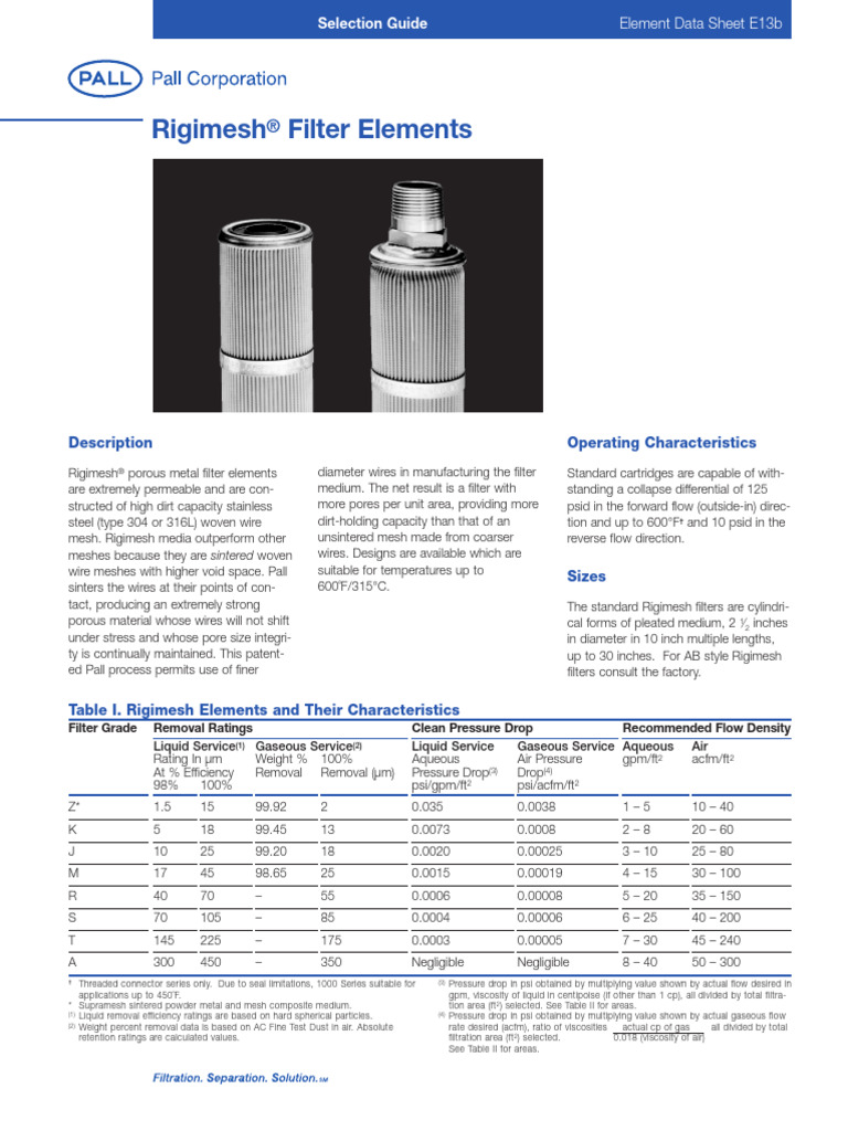 Rigimesh Filter Elements: Description Operating Characteristics | PDF ...