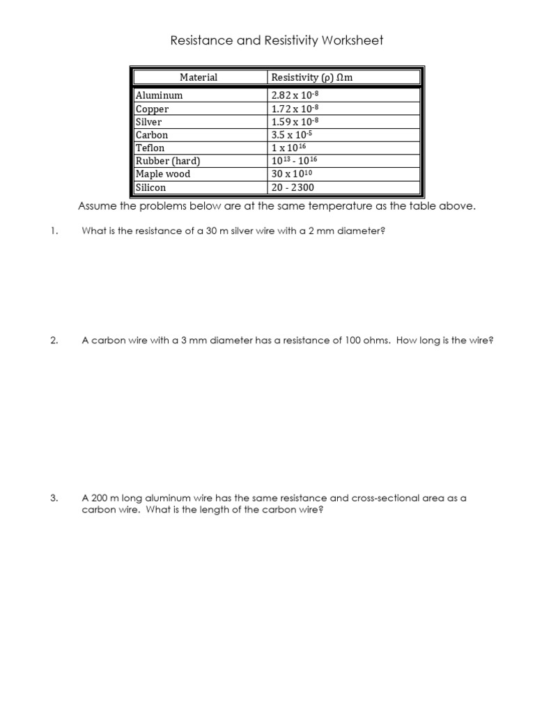 Resistance and Resistivity Worksheet | PDF