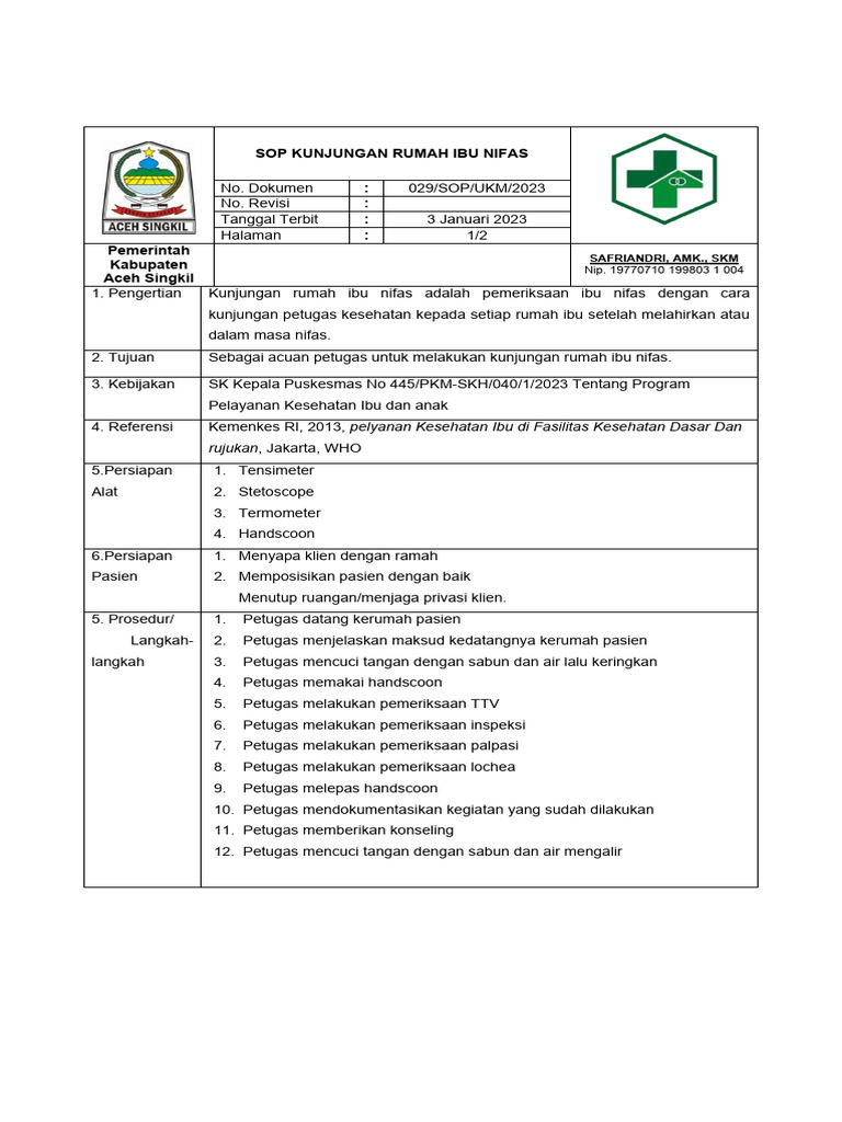 Sop Kunjungan Rumah Ibu Nifas | PDF
