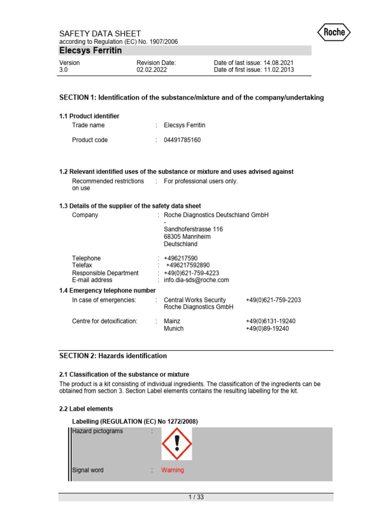 MSDS 7027273190 Elecsys Ferritin E2G | PDF | Toxicity | Mutagen