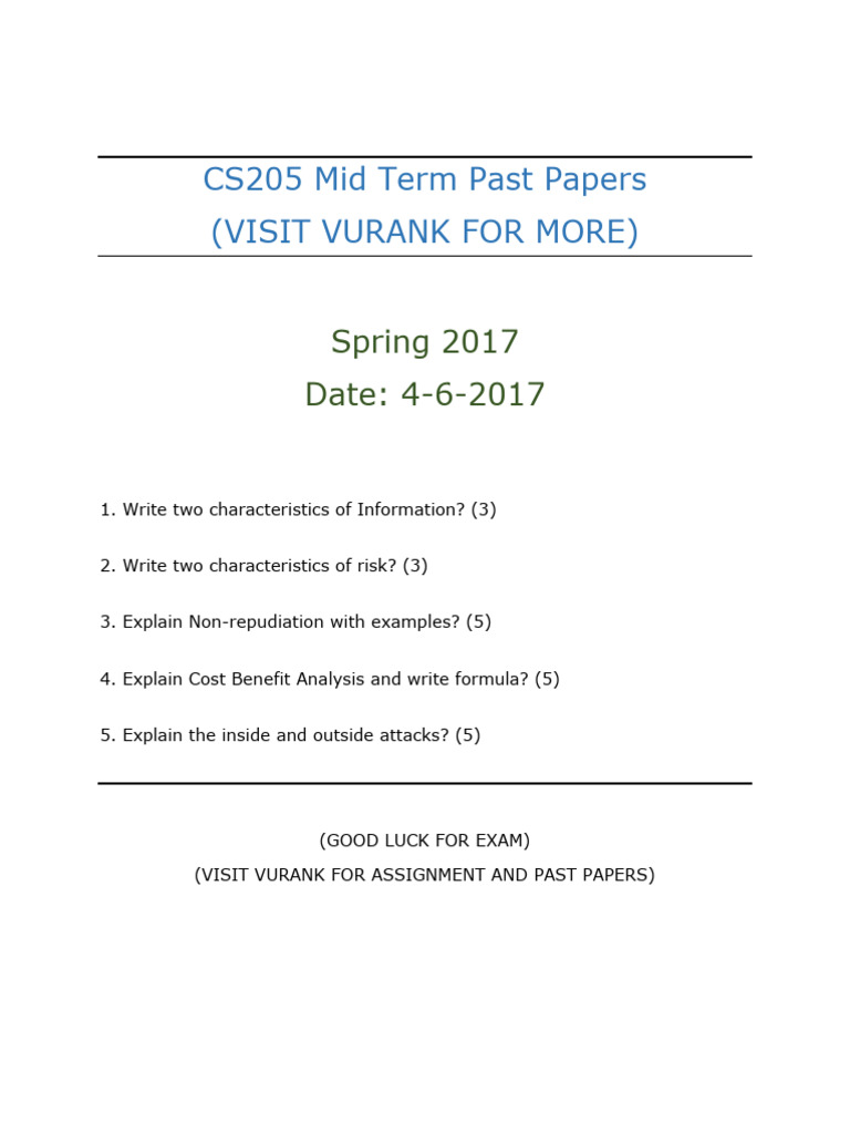 CS205 Mid Term Past Papers by Student Downloaded From Vurank | PDF ...