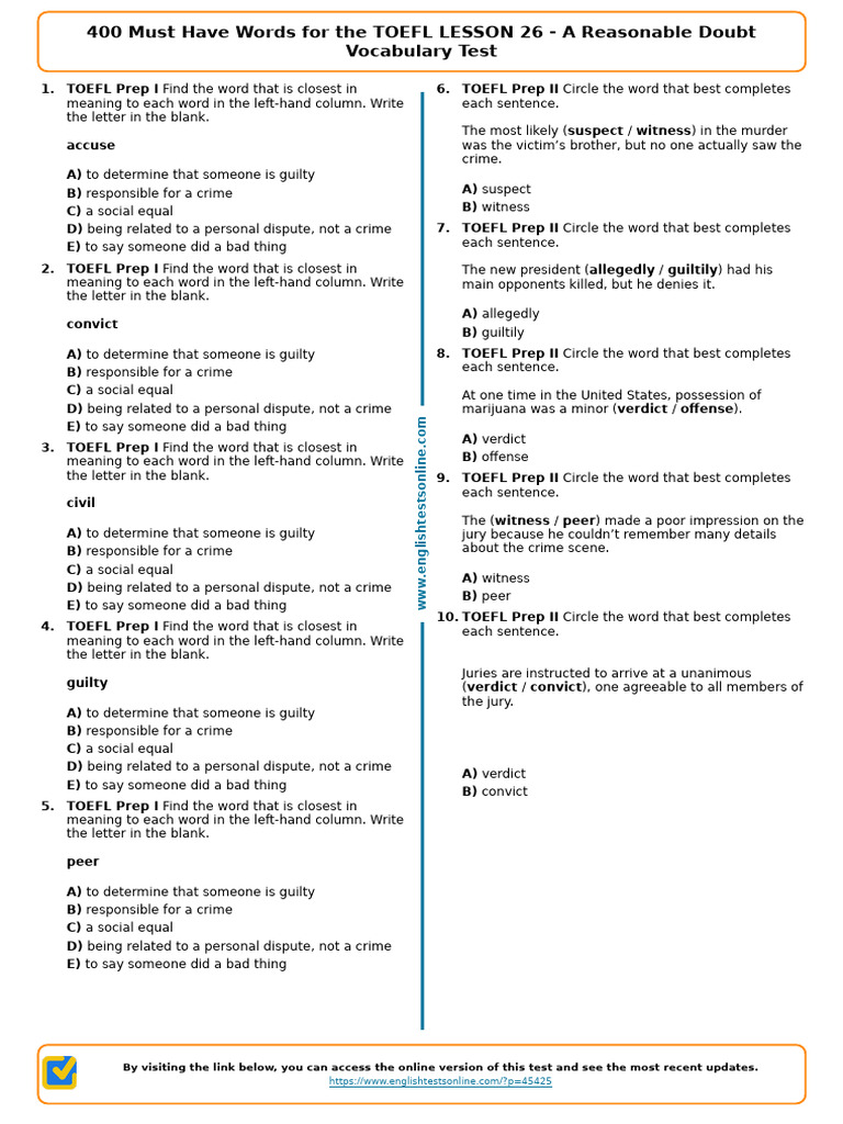 2318 - 400 Must Have Words For The Toefl Lesson 26 A Reasonable Doubt ...