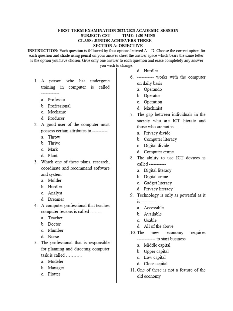 CST JSS 3 Examination Question | PDF | Computer Virus | Malware