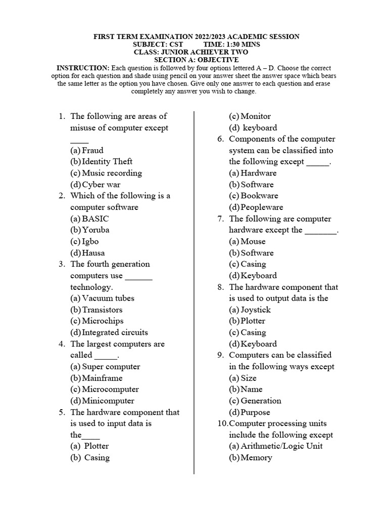 CST JSS 2 Examination Question | PDF | Operating System | Computer Hardware