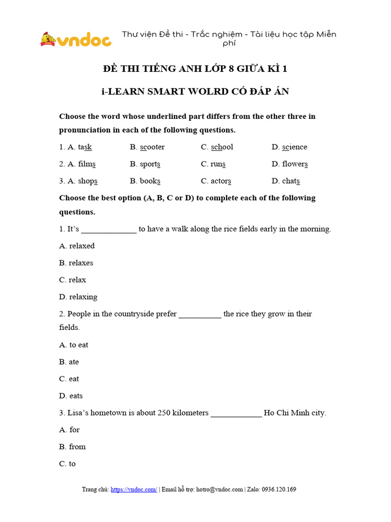 De Thi Giua Ki 1 Tieng Anh 8 I Learn Smart World So 1 | PDF | Vietnam