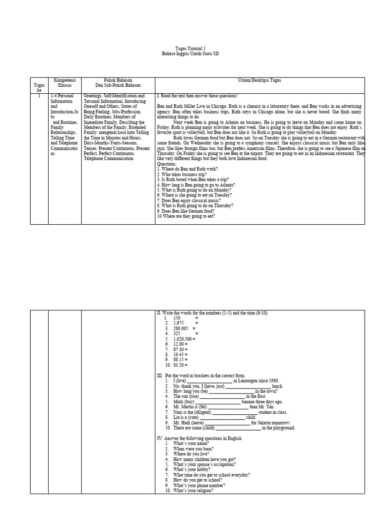 Tugas Tutorial Ke 1 Bhs Inggris Untuk Guru SD | PDF