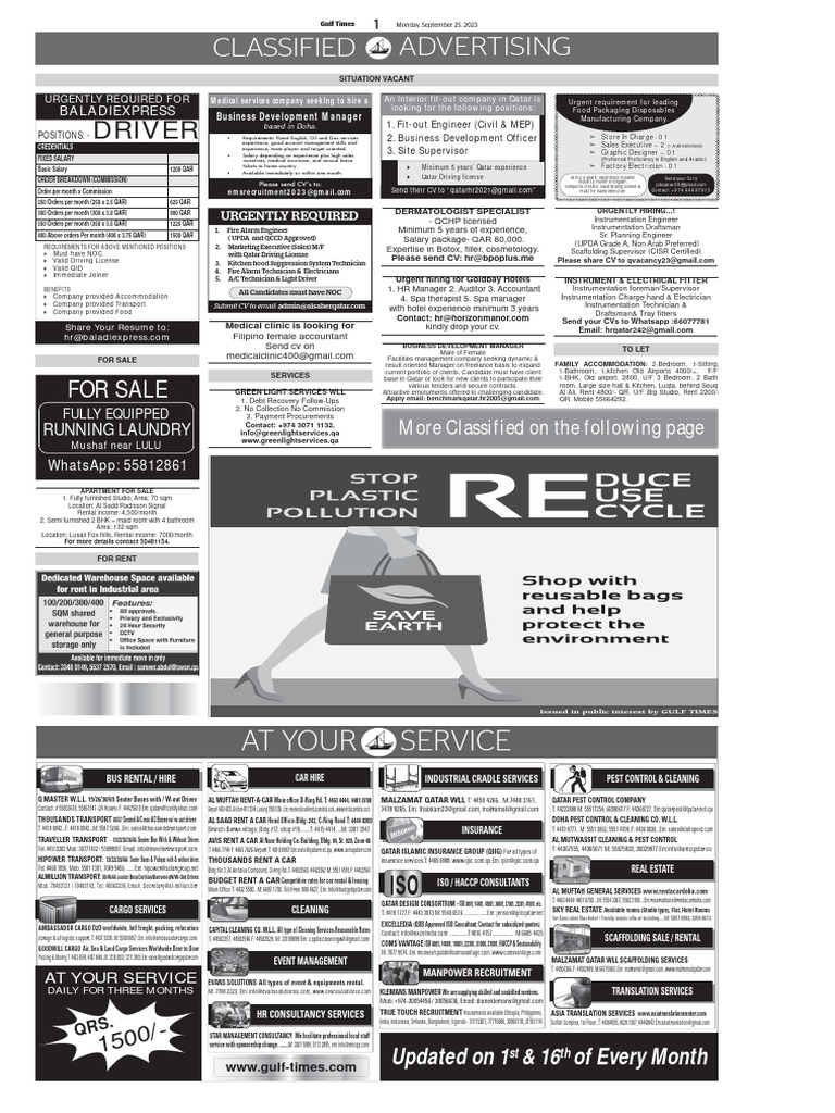 Gulf Times Classifieds: Job Vacancies | PDF | Car Rental | Qatar