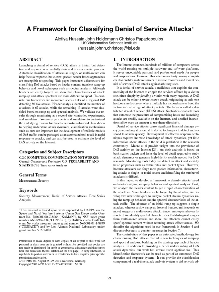 2003 A Framework For Classifying Denial Of Service Attacks Pdf