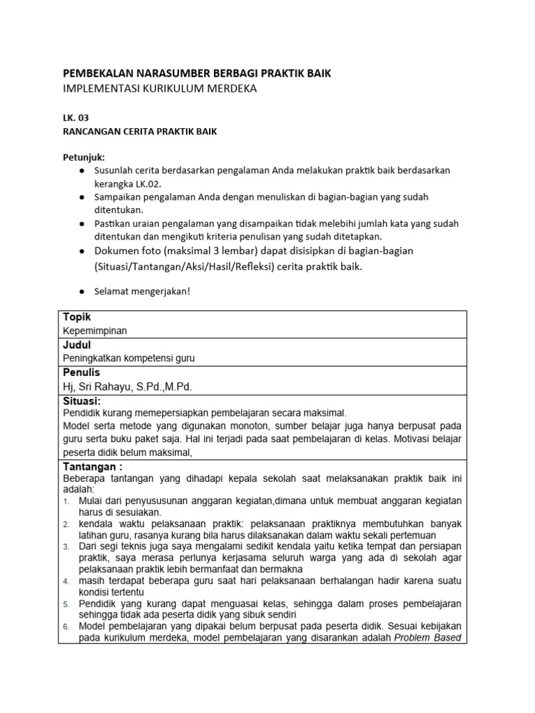 LK RTL.02 - Rancangan Cerita Praktik Baik - Sri Rahayu - Kela. 1 | PDF