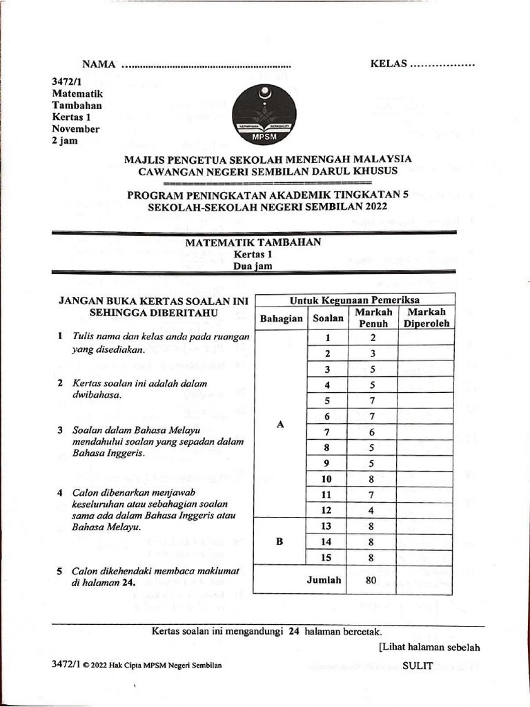 2022 Negeri Sembilan MPSM Add Maths K1 | PDF