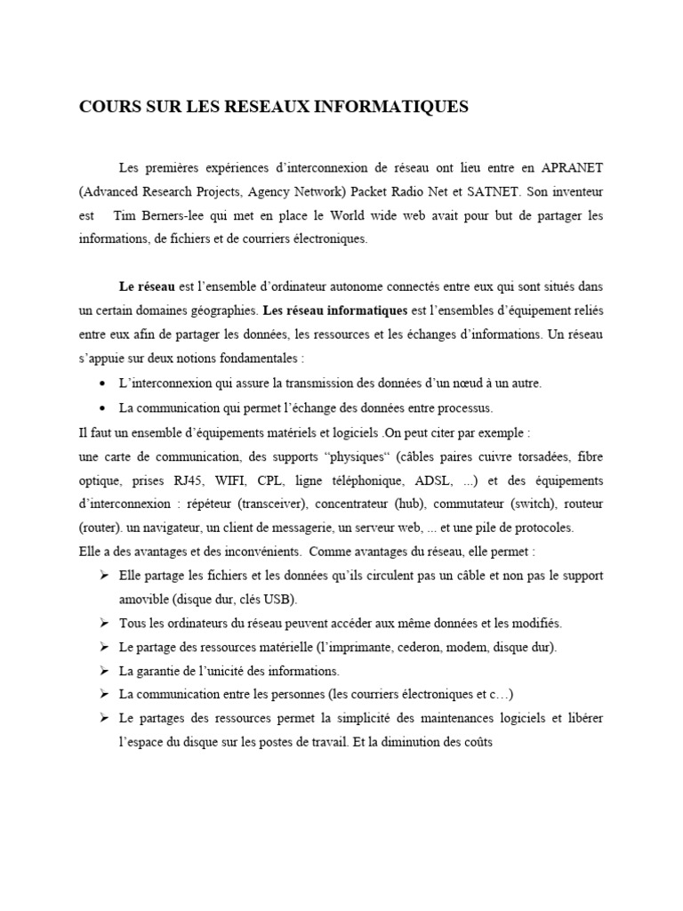 Cours Sur Les Reseaux Informatiques | PDF