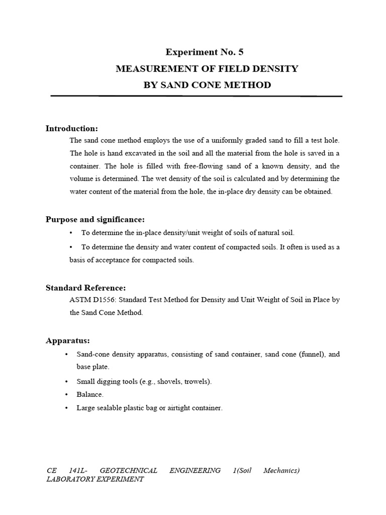 FDT Standard by Sand Cone Method | PDF | Density | Physical Sciences