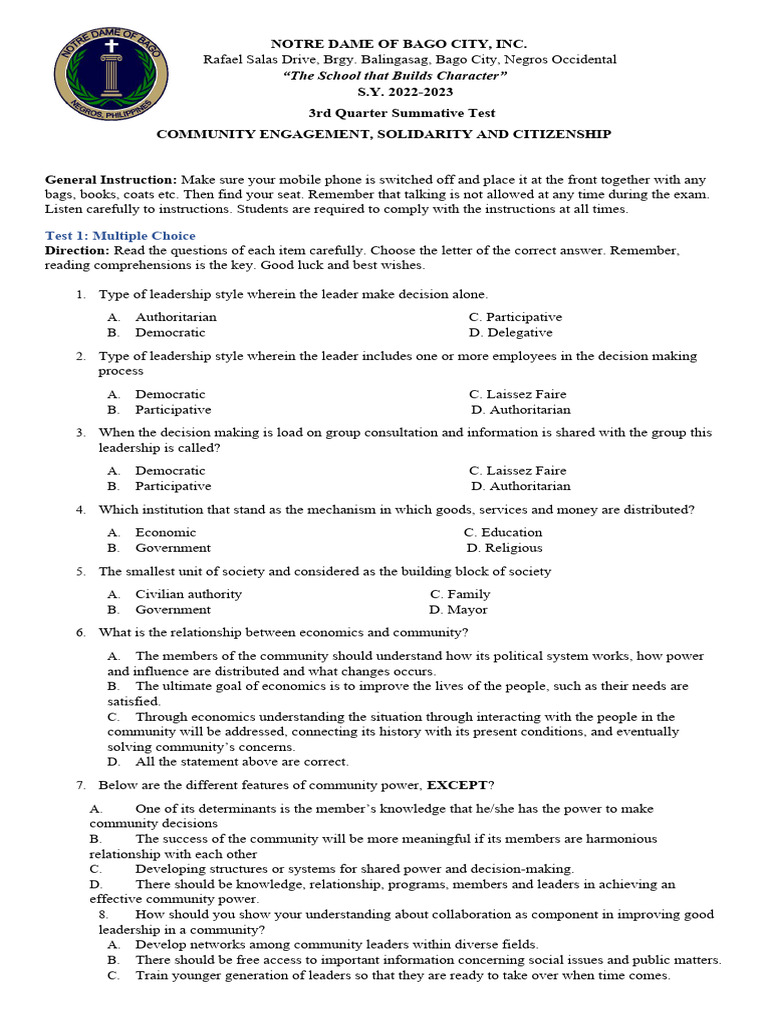 Bago City Community Engagement Test | PDF | Social Science