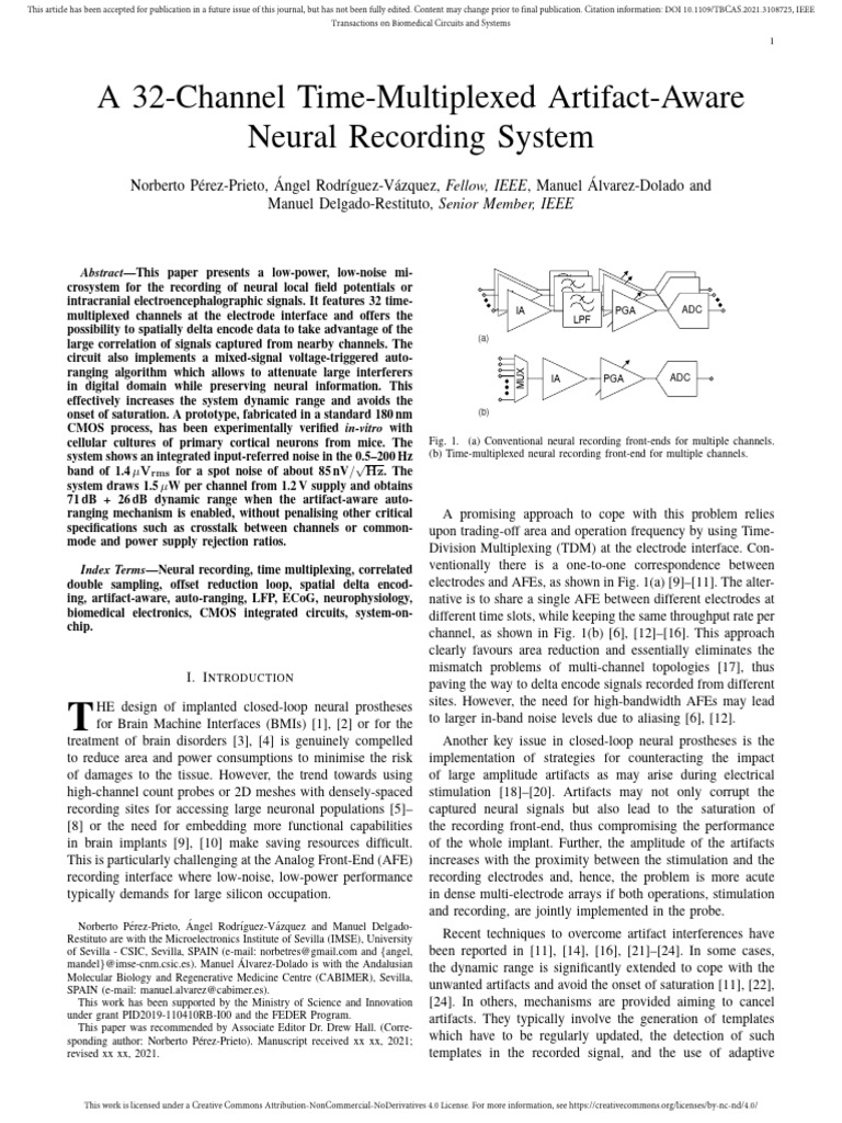 A 32-Channel Time-Multiplexed Artifact-Aware Neural Recording System | PDF | Analog To Digital ...