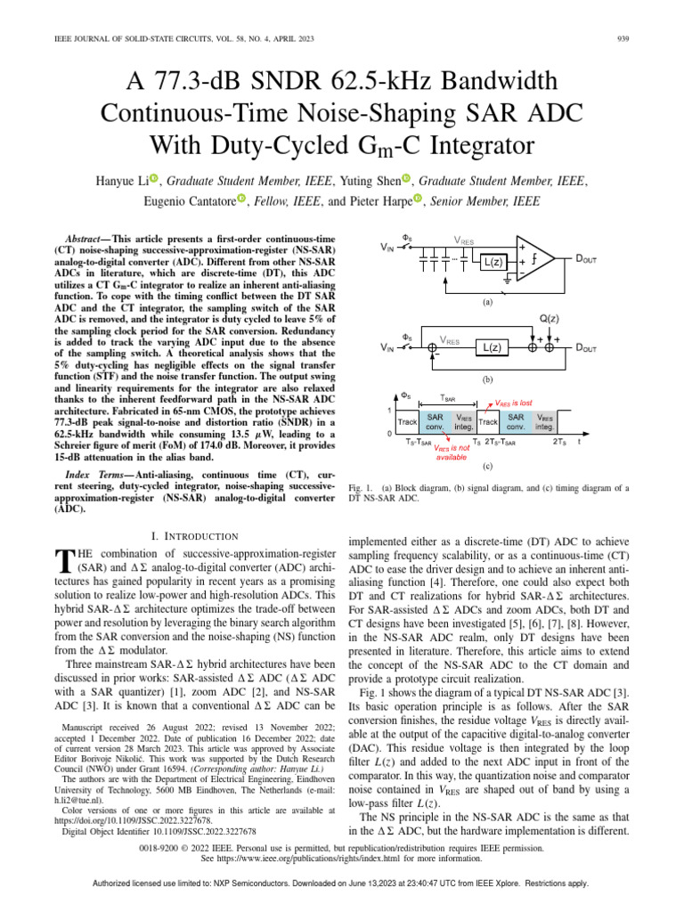 A 77.3-dB SNDR 62.5-kHz Bandwidth Continuous-Time Noise-Shaping SAR ADC With Duty-Cycled GM-C ...