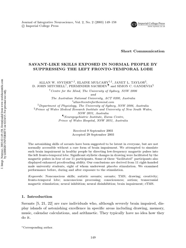 Savant-Like Skills Exposed in Normal People by Suppressing The Left Fronto-Temporal Lobe | PDF ...