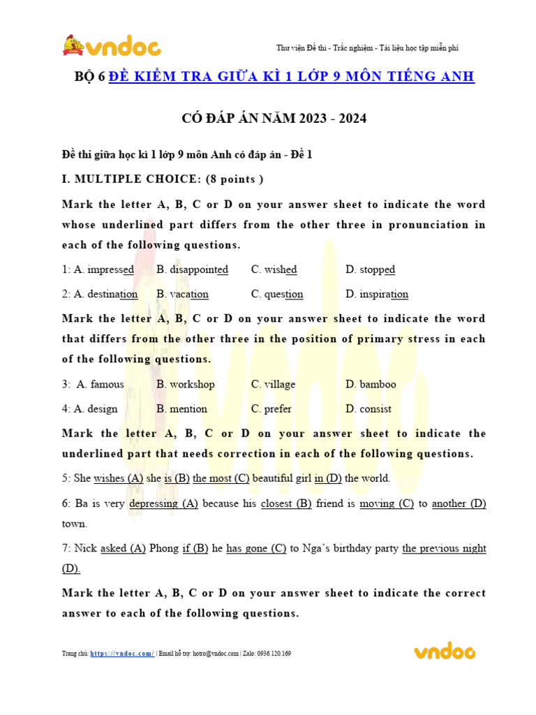 Bo de Thi Giua Ki 1 Lop 9 Mon Tieng Anh | PDF | Jeans