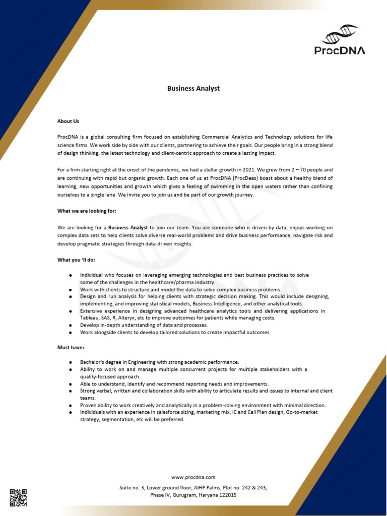 ProcDNA - JD - Business Analyst - 2022 | PDF