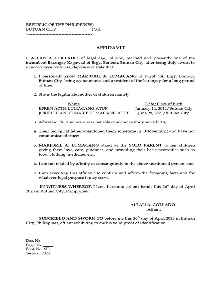 Barangay Affidavit for Solo Parent | PDF