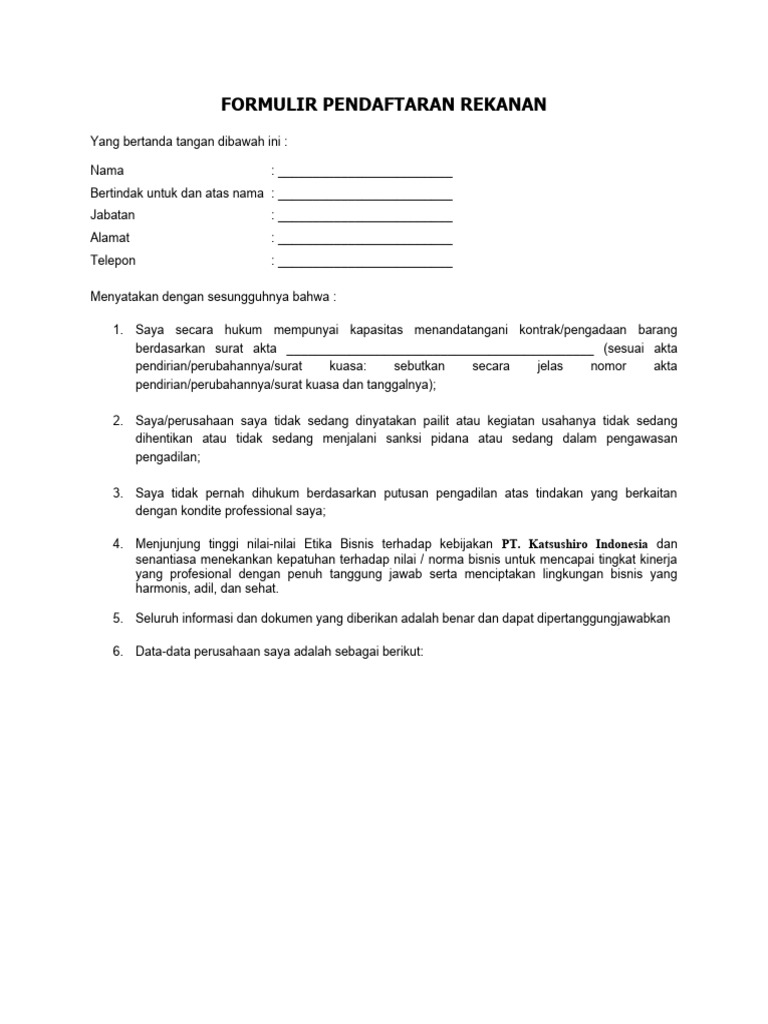 Formulir Pendaftaran Rekanan Katsushiro | PDF