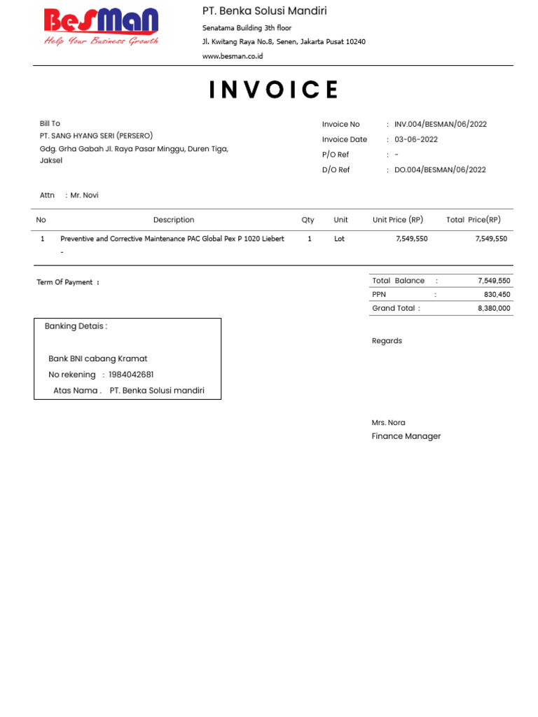 Invoice No. INV.004 - BESMAN - 06 - 2022 | PDF