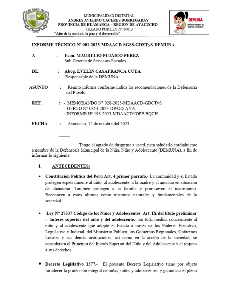 Informe Técnico #001 Demuna | Descargar gratis PDF | Gobierno