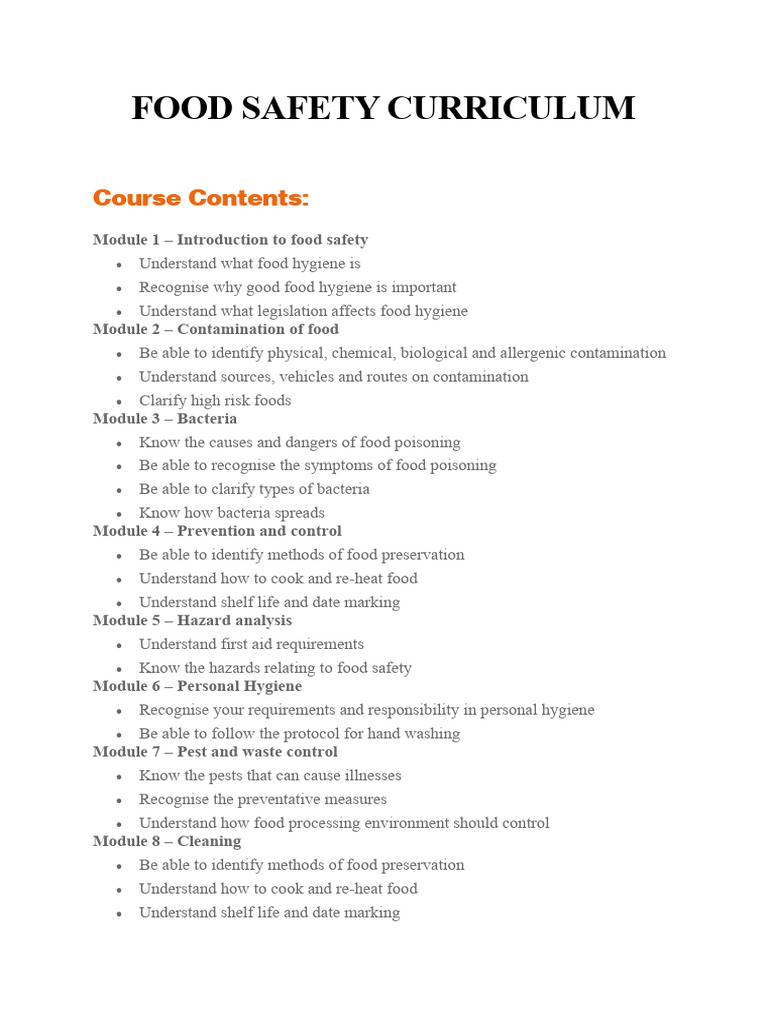 Food Safety Curriculum | PDF